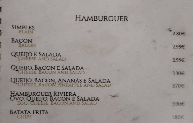 Menu at Riviera pub & bar, Portimão