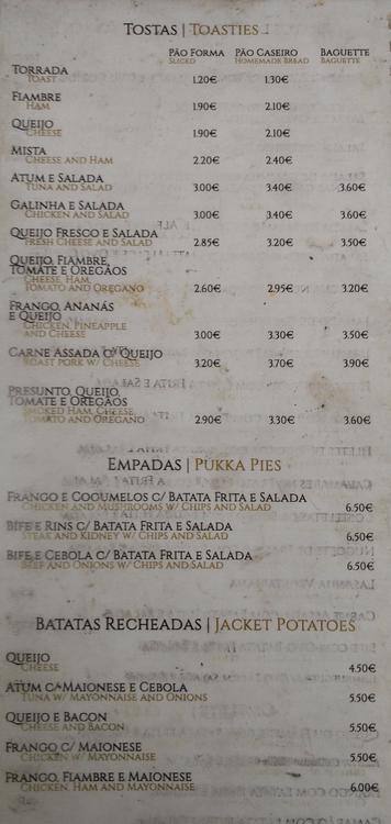 Menu at Riviera pub & bar, Portimão