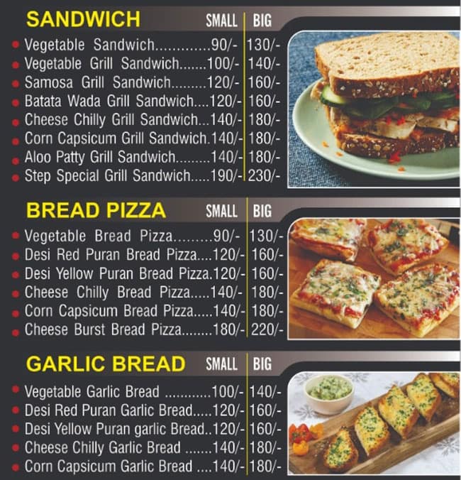 Menu of Step One, Malad West, Mumbai