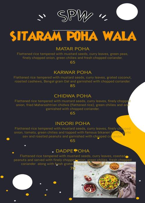 Menu at Shri Sitaram Poha Wala, New Delhi
