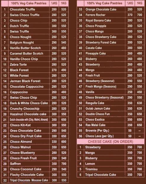 Menu of Sugar Bake The Cake Shop, Khar, Mumbai