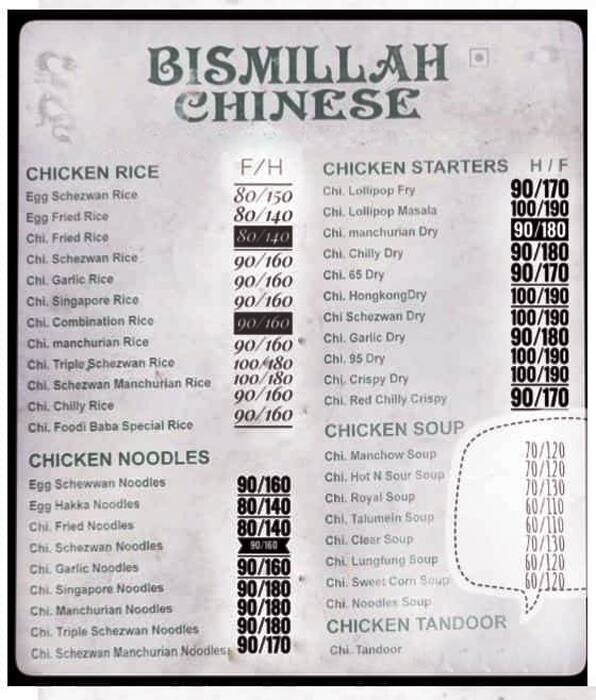 Menu of Bismillah Chinese, Baner, Pune