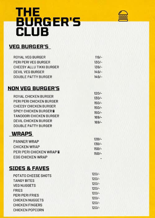 Menu of The Burger's Club, Kukatpally, Hyderabad