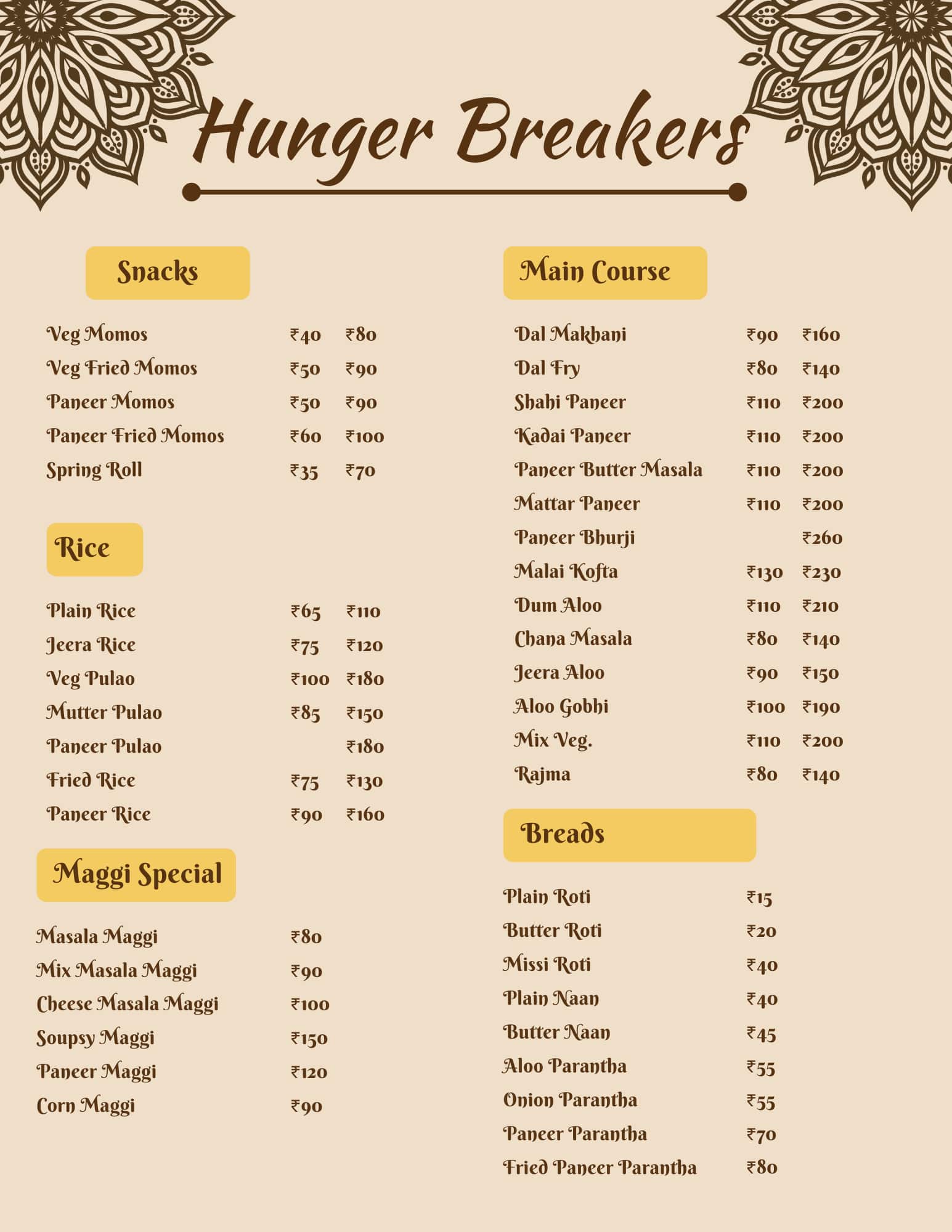 Menu of Hunger Breakers, Palam, New Delhi