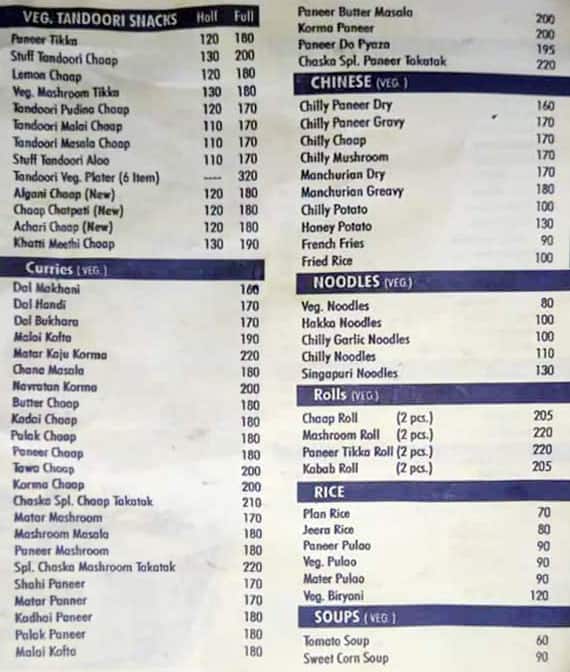 Menu of Chaska Restaurant & Bar, Sector 125, Noida