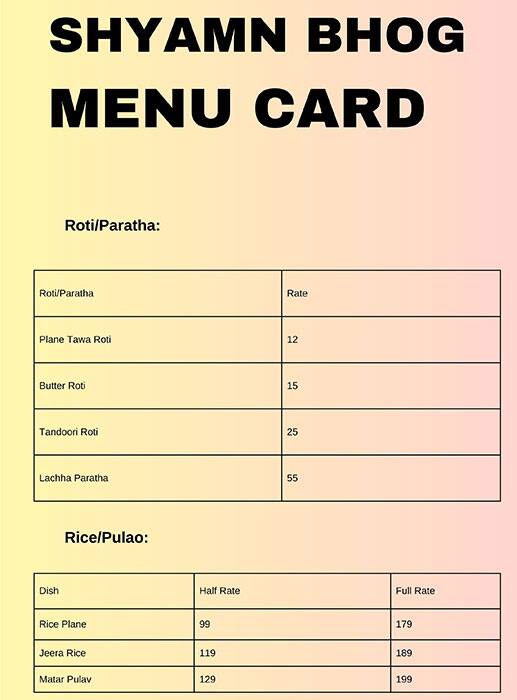 Menu of Shyam Bhog, Gomti Nagar, Lucknow