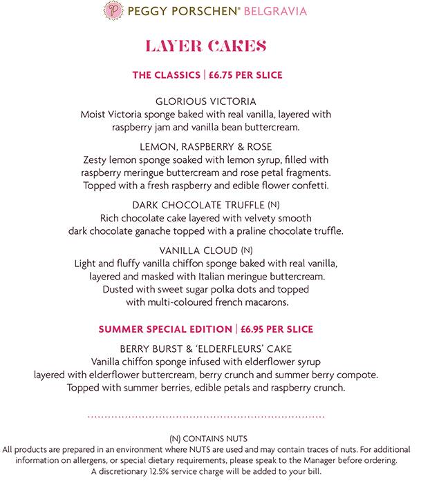 Menu at Peggy Porschen Belgravia cafe, London, 116 Ebury St