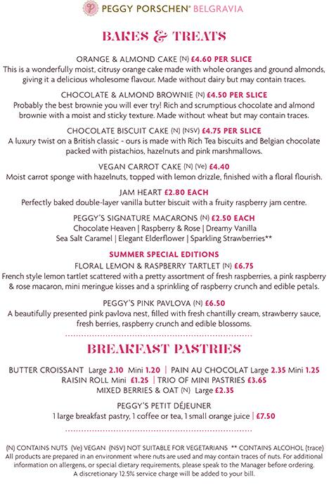 Menu at Peggy Porschen Belgravia cafe, London, 116 Ebury St