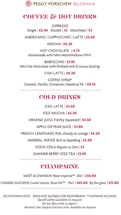 Menu at Peggy Porschen Belgravia cafe, London, 116 Ebury St