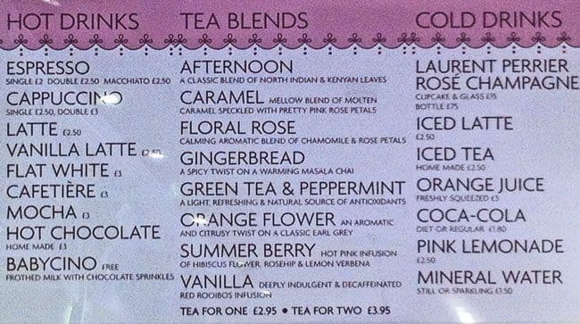 Menu at Peggy Porschen cafe, London