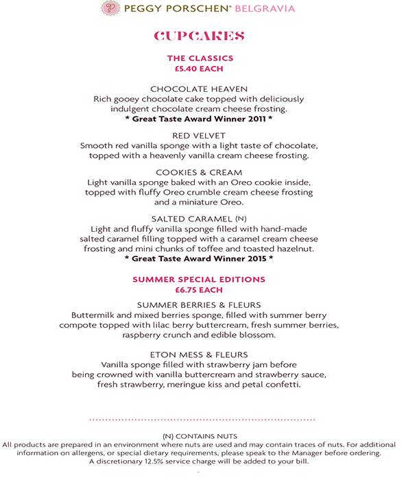 Menu at Peggy Porschen Belgravia cafe, London, 116 Ebury St