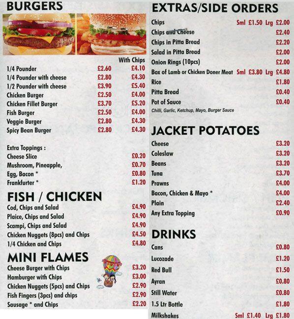 Menu at Three Flames cafe, Feltham