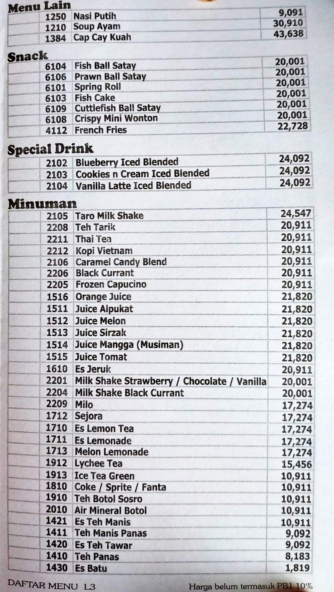 Menu at Solaria restaurant, North Jakarta, Jl. Pantai Indah No.10