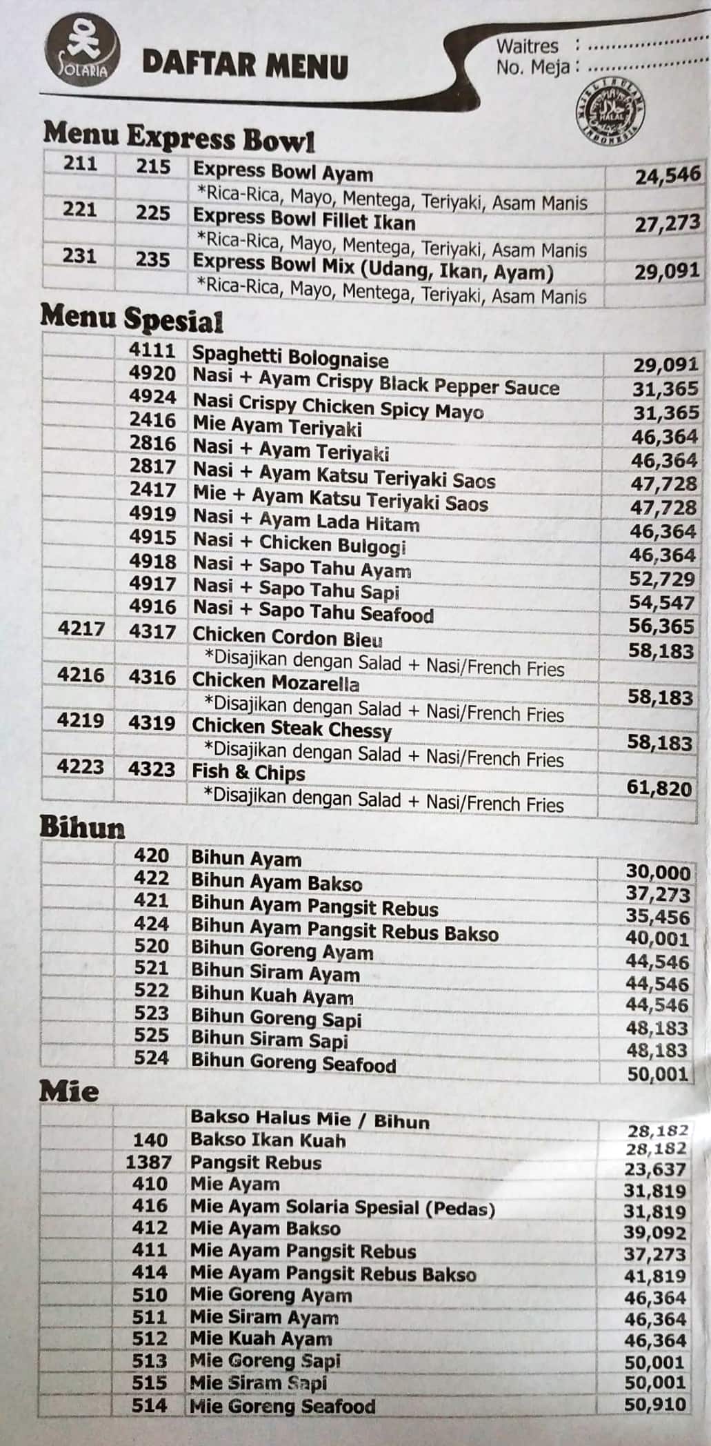 Carta del restaurante Solaria, Yakarta, Jl. Pasir Putih Raya