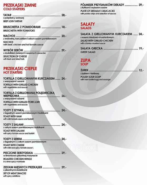 Menu at Dekada Club, Warsaw, Grójecka 19/25