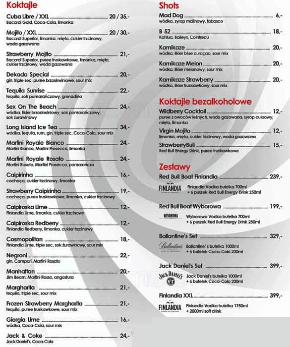 Menu at Dekada Club, Warsaw, Grójecka 19/25