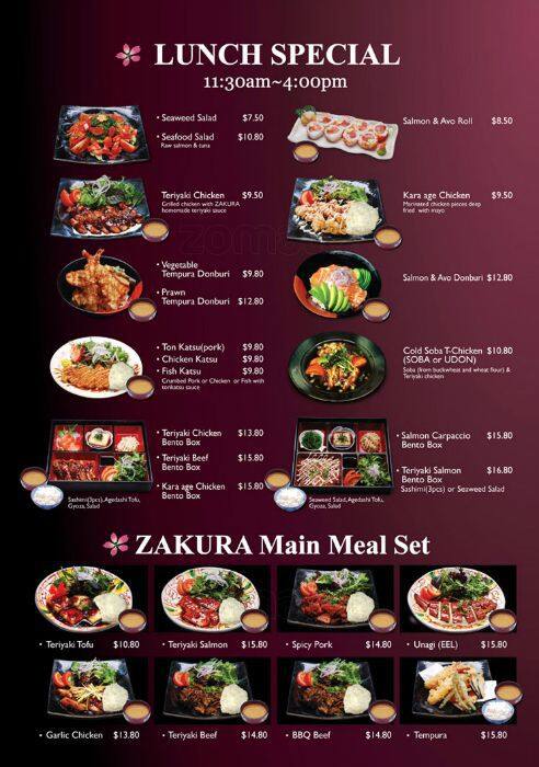 Menu at Zakura restaurant, Sydney
