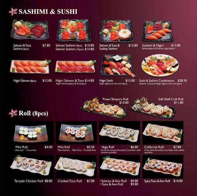 Menu at Zakura restaurant, Sydney