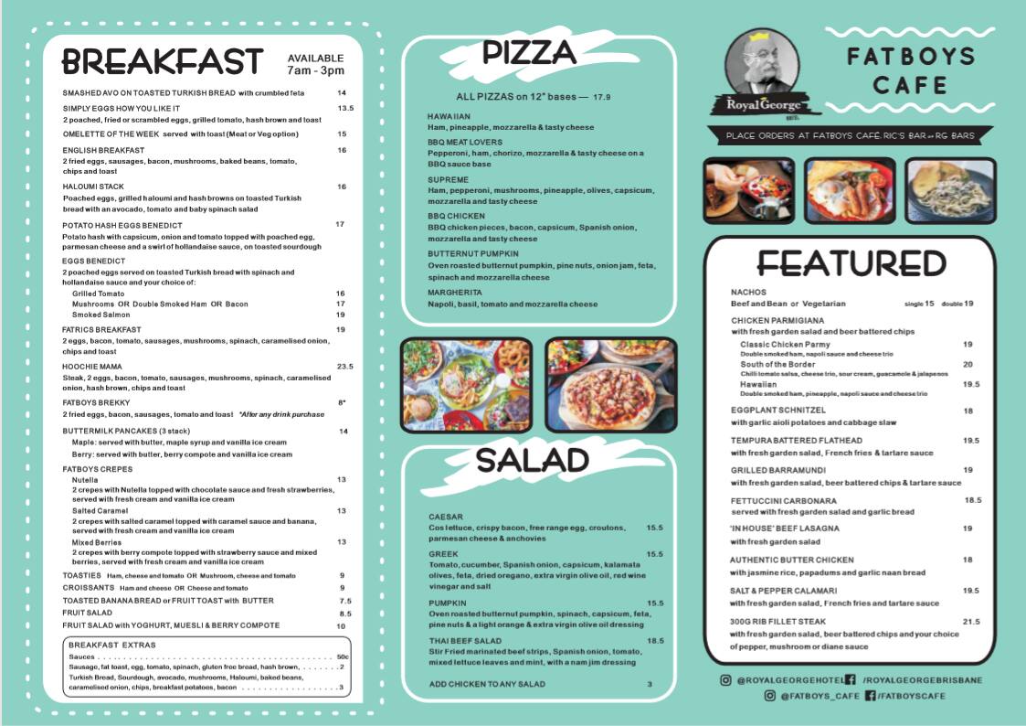 Menu at Fatboy's Cafe, Brisbane City