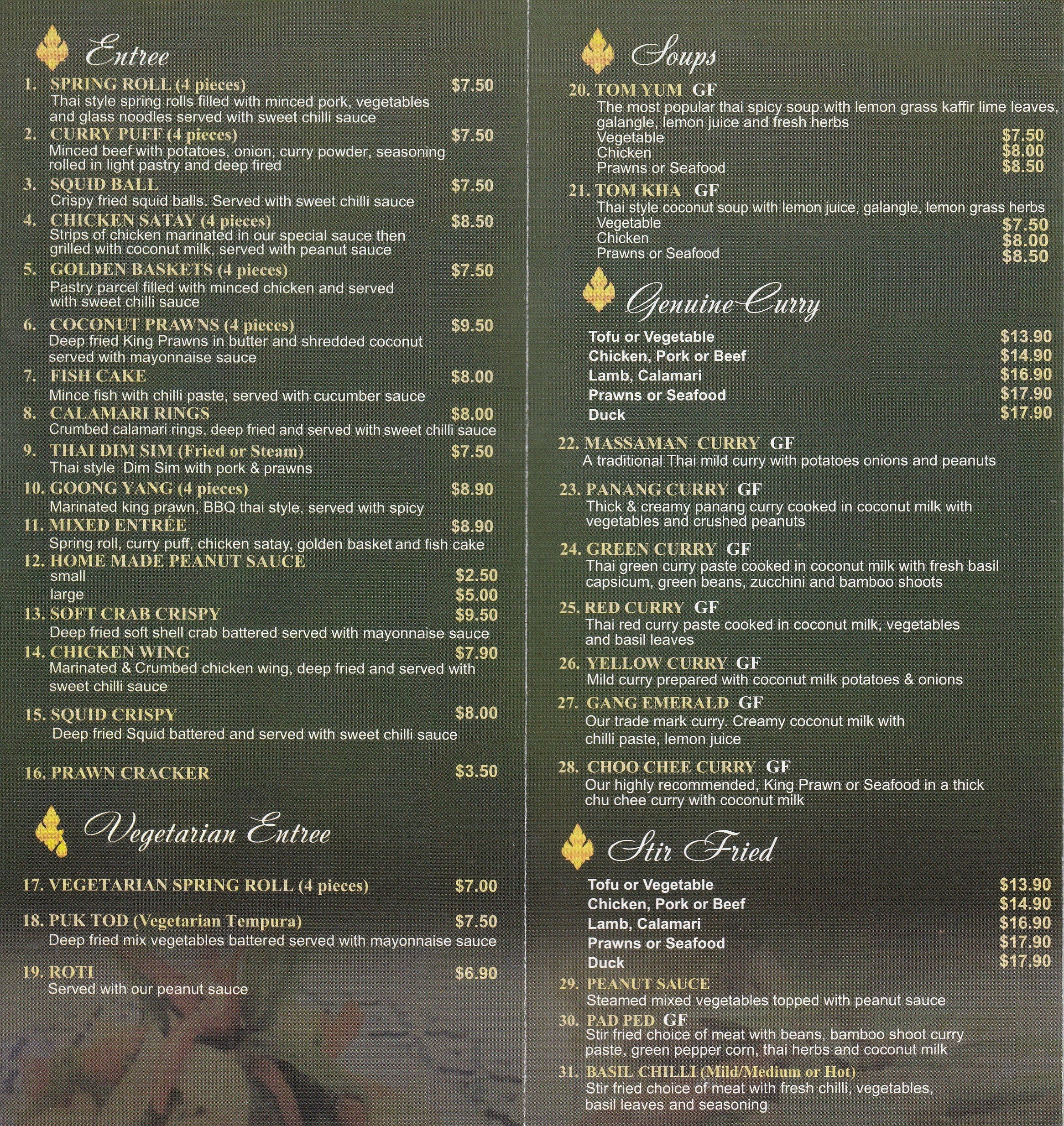Menu at Thai Emerald Palace restaurant, Birkdale