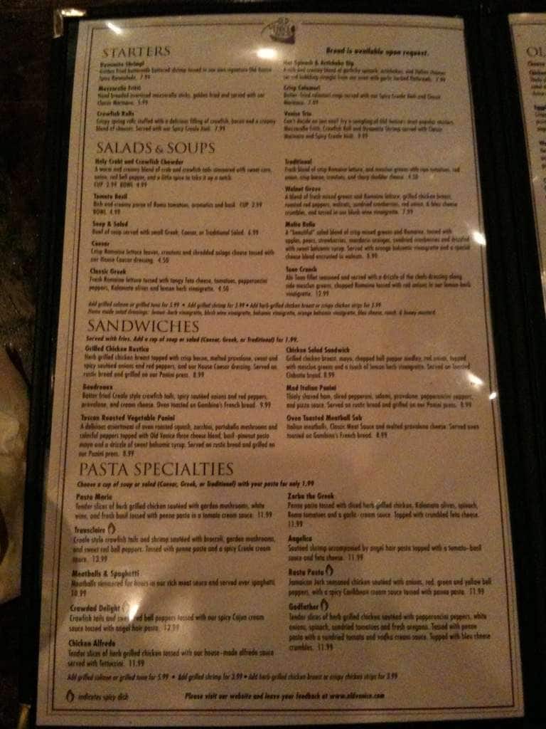 Menu at Venice Kitchen pizzeria, Memphis