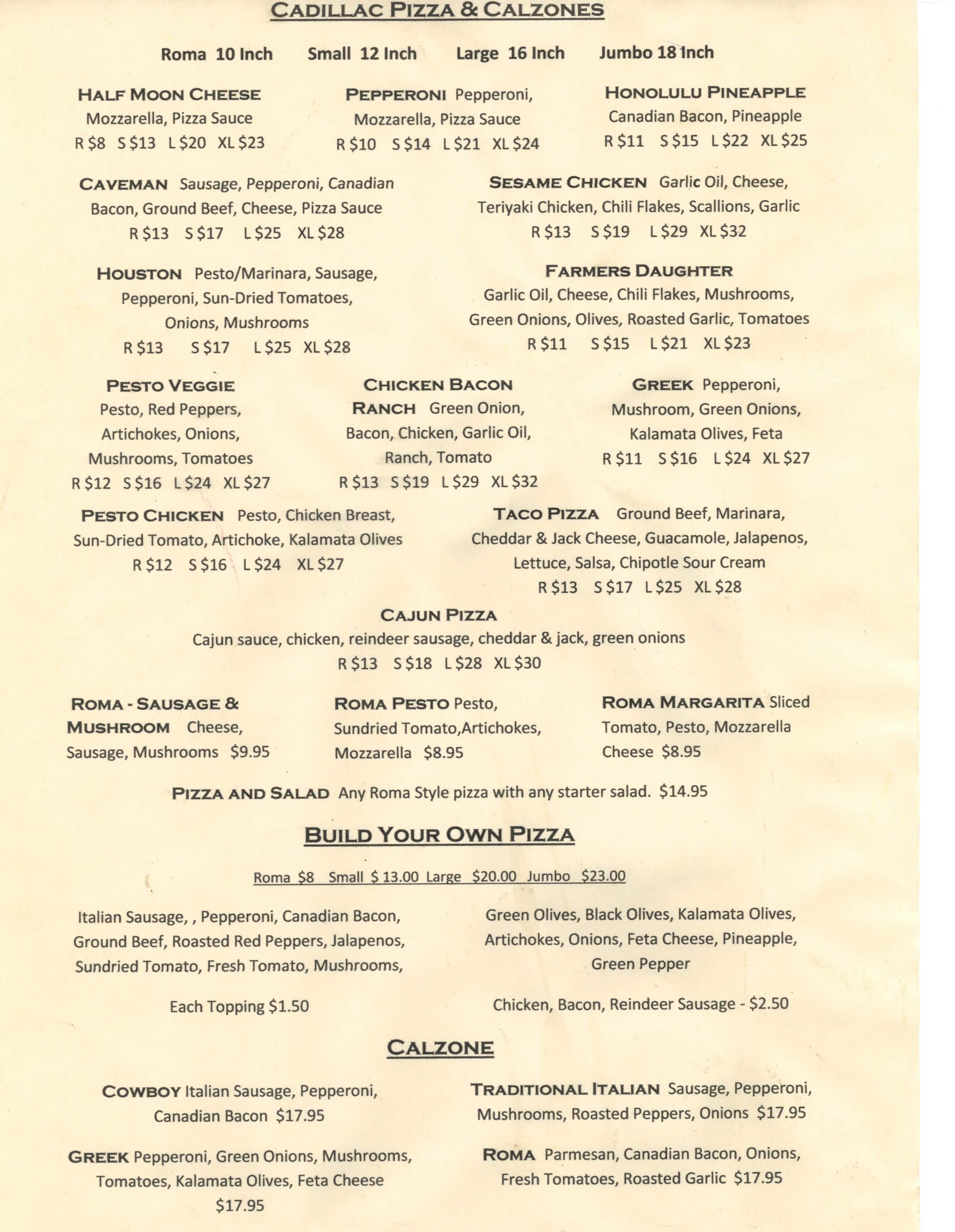 Menu at Cadillac Cafe, Meadow Lakes