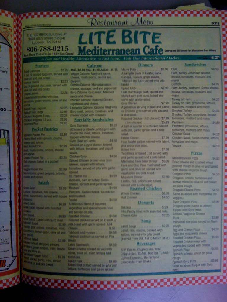 Menu at Mediterranean Cafe, Lubbock