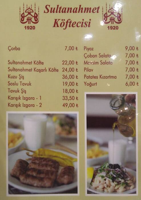 Menu at Tarihi Sultanahmet Koftesi, Istanbul, İstiklal Cd. No:52