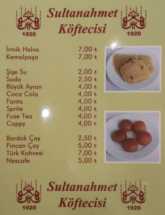 Menu at Tarihi Sultanahmet Koftesi, Istanbul, İstiklal Cd. No:52