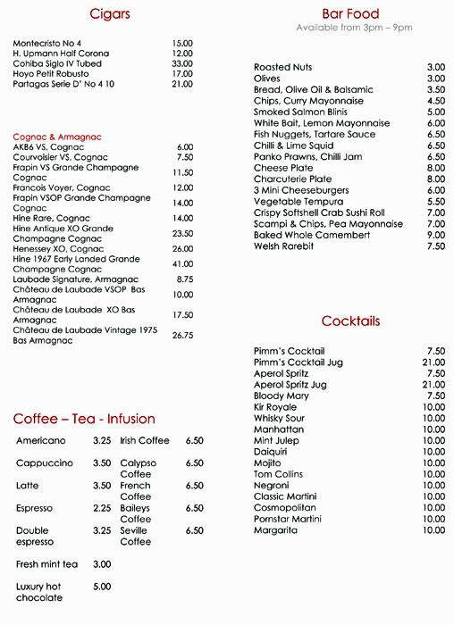 Menu at Chamberlain's of London pub & bar, London