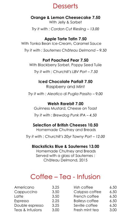 Menu at Chamberlain's of London pub & bar, London