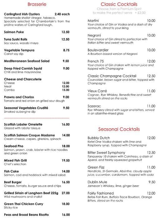 Menu at Chamberlain's of London pub & bar, London