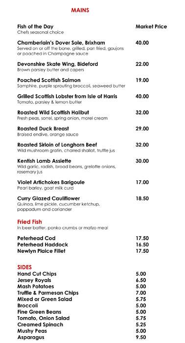 Menu at Chamberlain's of London pub & bar, London