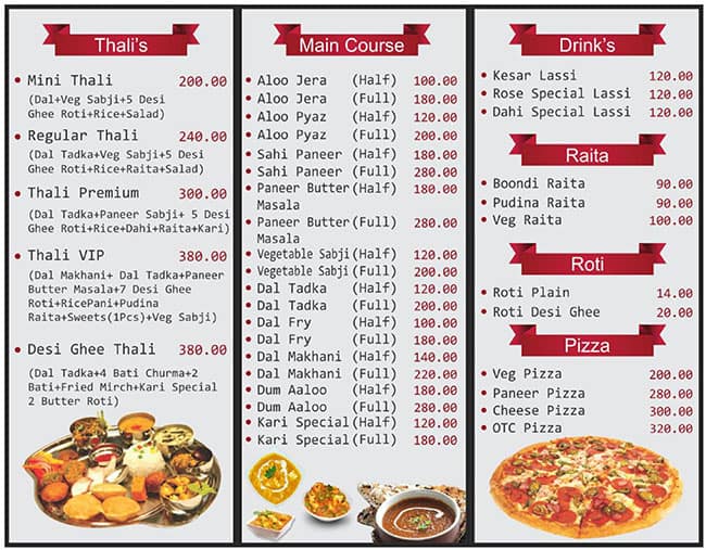 Menu of Thali Meals, Mansarovar, Jaipur