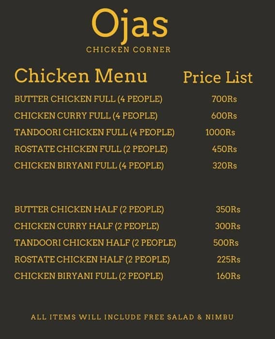 Menu of Ojas Restaurant, Gota, Ahmedabad