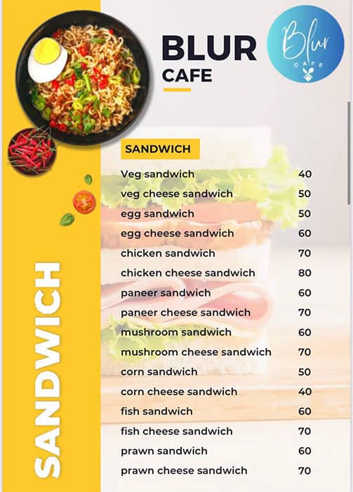 Menu of Blur Cafe, Poonamalle, Chennai
