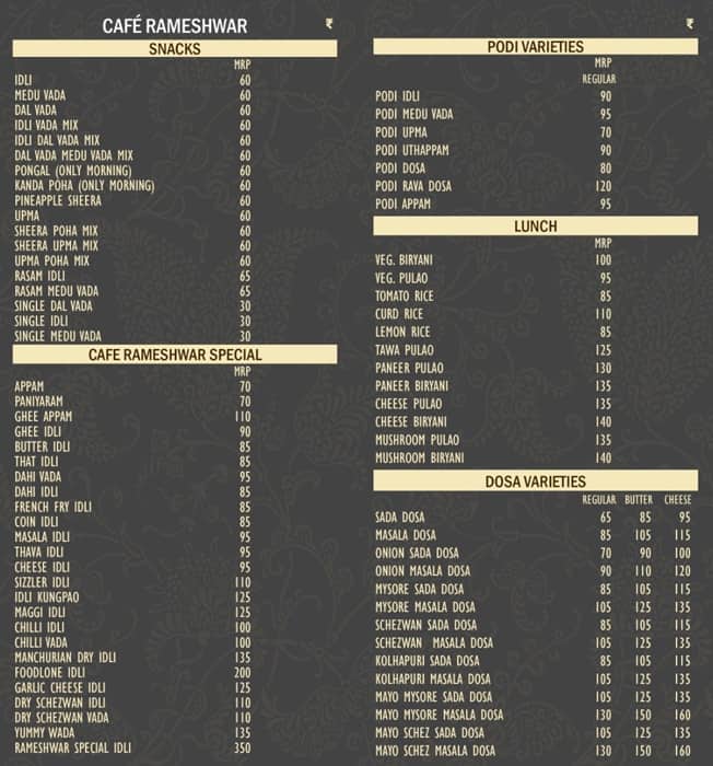 Menu of Cafe Rameshwar, Ghatkopar East, Mumbai