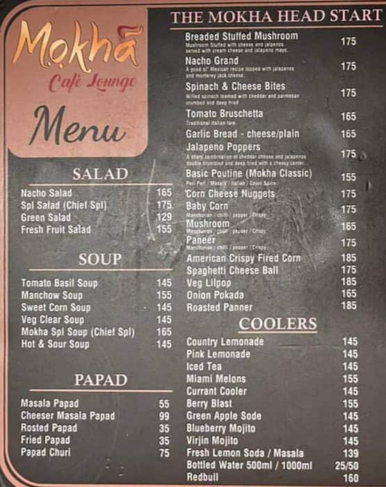 Menu of Mokha Cafe Lounge, Basavanagudi, Bangalore