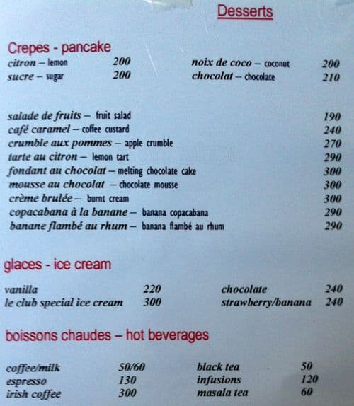 Menu at Cafe Le Pondichéry, Puducherry
