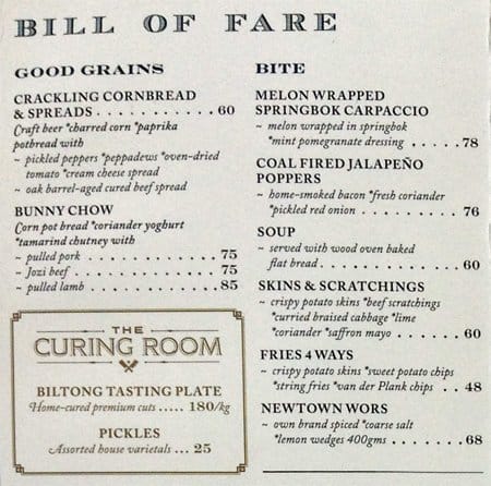 Menu at Potato Shed pub & bar, Johannesburg