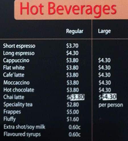 Menu at Pulse Cafe, Auckland