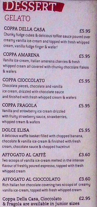 Menu at Made In Italy restaurant, Edinburgh