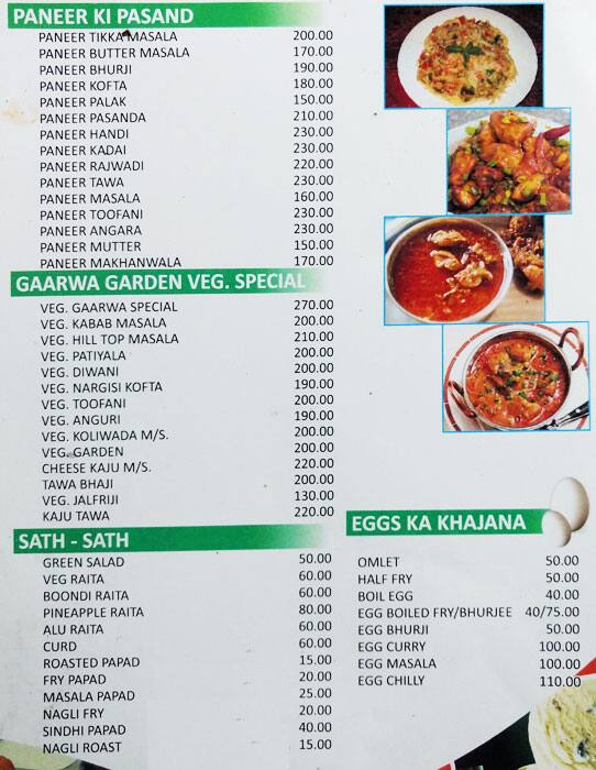 Menu at Hotel Garva, Nashik, Mumbai Nasik Highway