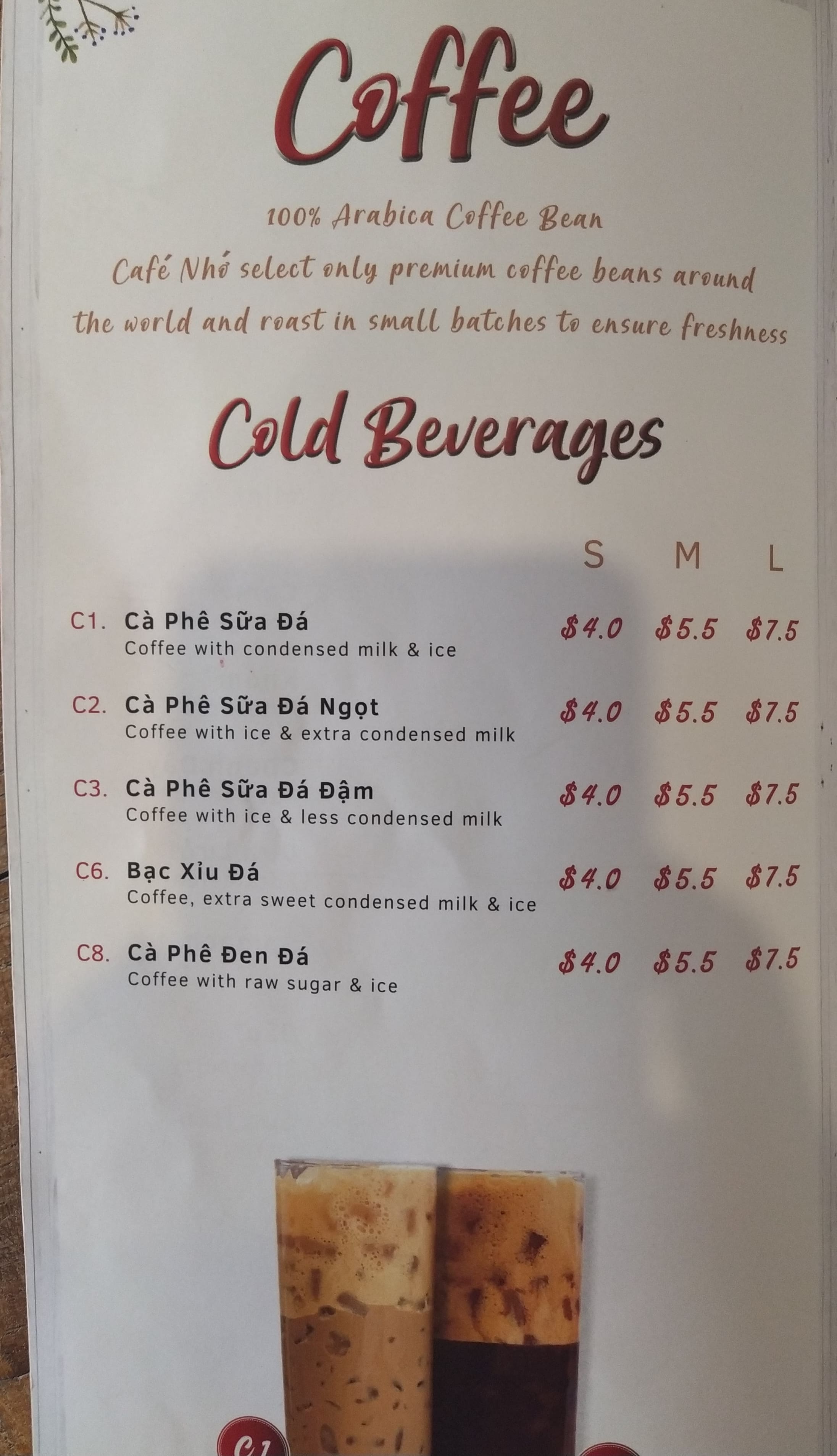 Menu at Cafe Nho, Cabramatta, 13 & 15 Belvedere Arcade