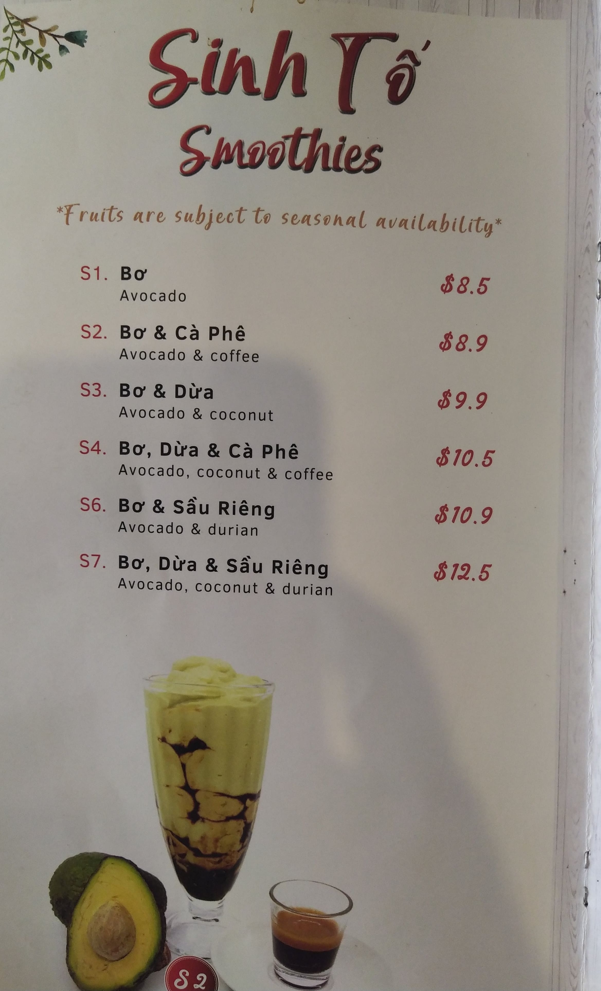 Menu at Cafe Nho, Cabramatta, 13 & 15 Belvedere Arcade