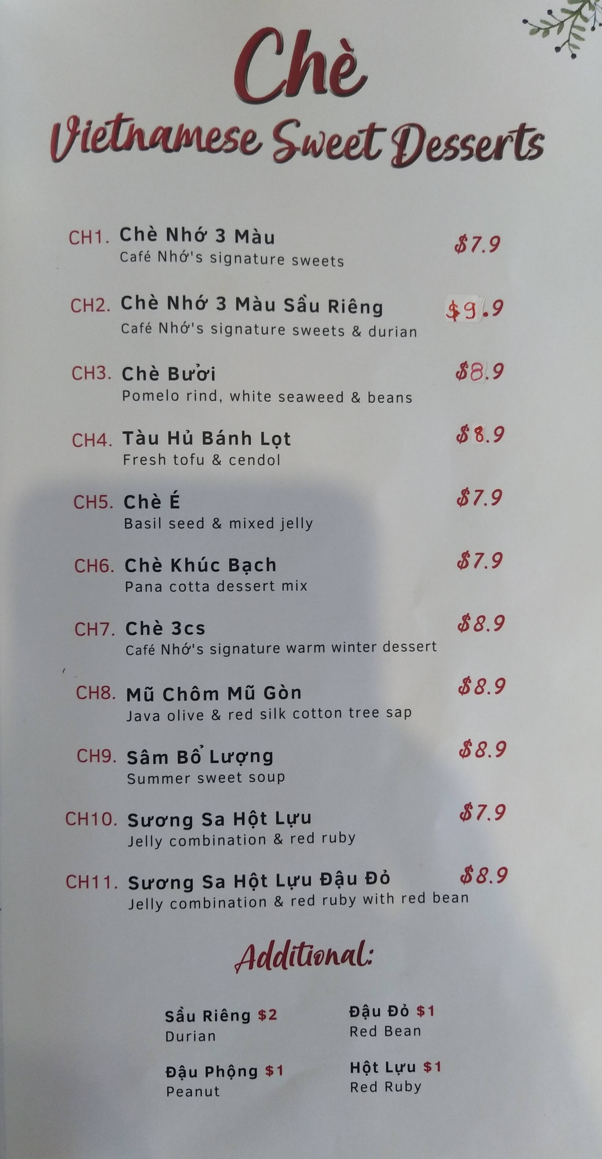 Menu at Cafe Nho, Cabramatta, 13 & 15 Belvedere Arcade