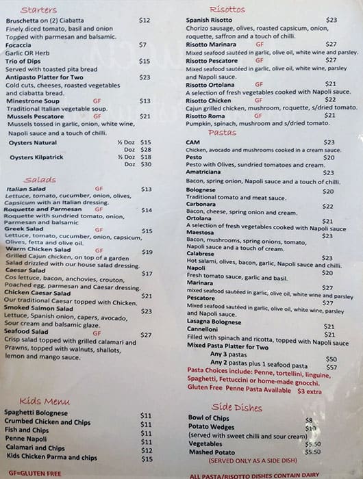 Menu at Carlucci's Restaurant, Templestowe, 134 James St