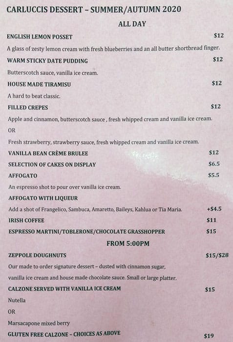 Menu at Carlucci's Restaurant, Templestowe, 134 James St