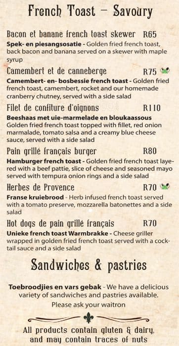Menu at French Toast Coffee Café cafe, Hartbeespoort