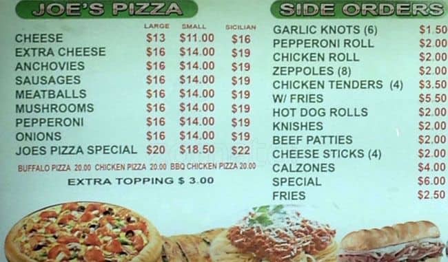 Menu at Joe's Pizzeria, New York City, Liberty Ave